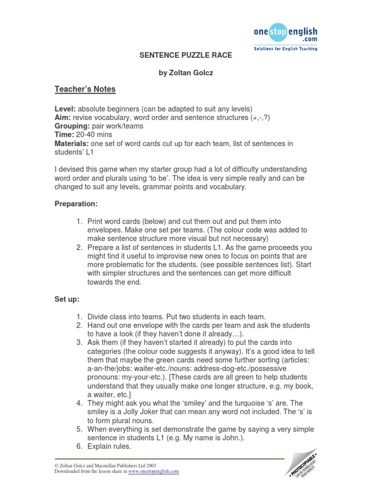 SENTENCE PUZZLE RACE GAME | PDF | Sentence (Linguistics) | English Language