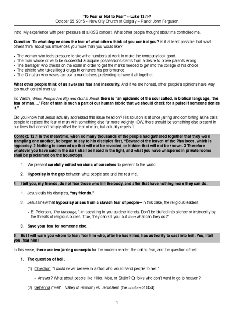 Sermon Notes: "To Fear or Not To Fear" (Luke 12:1-7) | PDF | Eternal ...