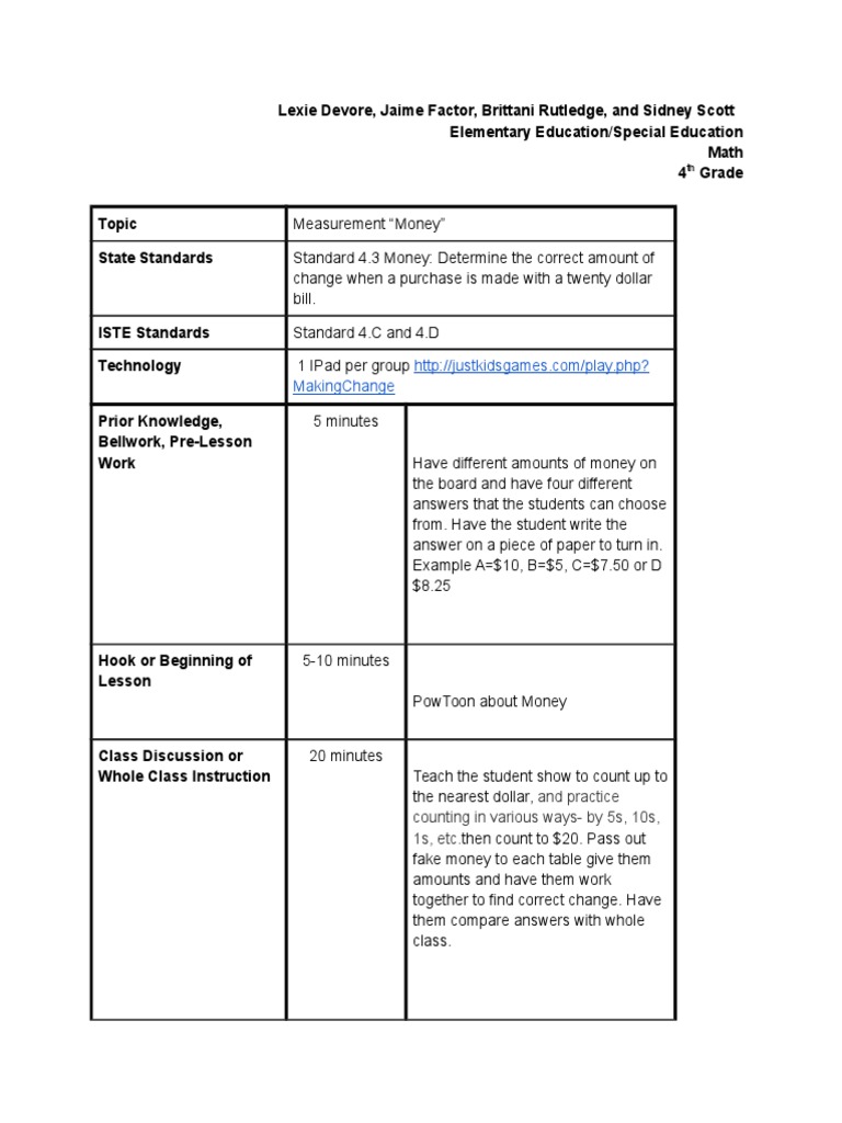Teaching Money Measurement in 4th Grade | PDF