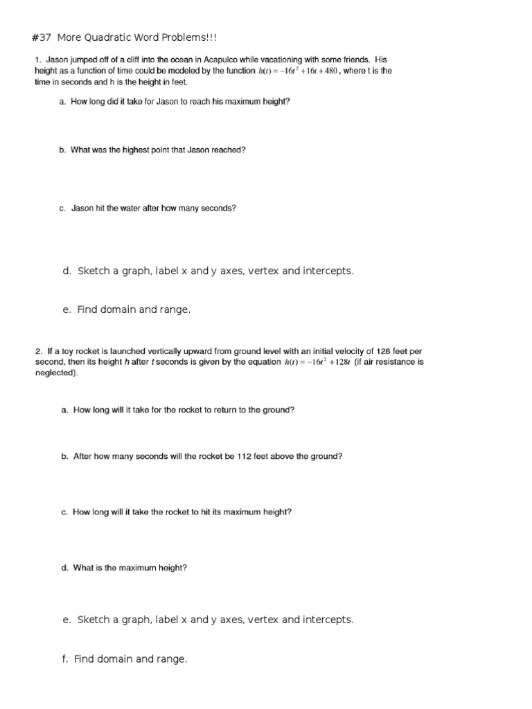 Quadratic Word Problems and Graphing | PDF