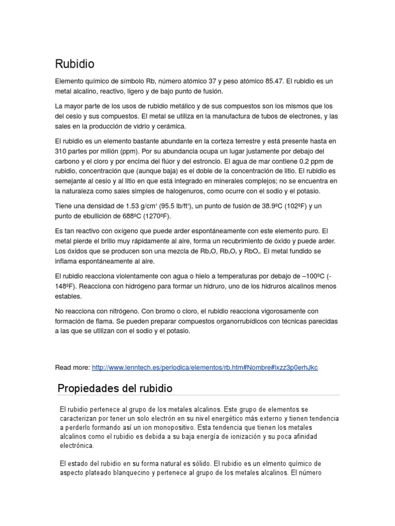 Usos y propiedades del rubidio | PDF | Conjuntos de elementos químicos ...