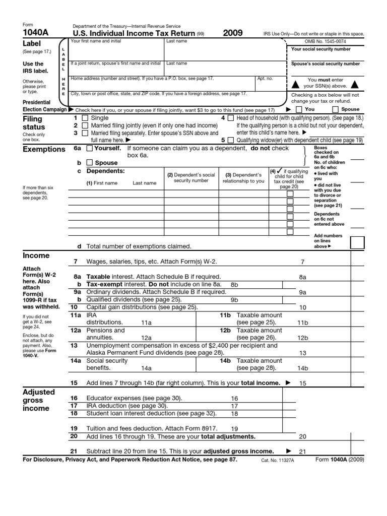 IRS 1040A Tax Form 2009 | PDF