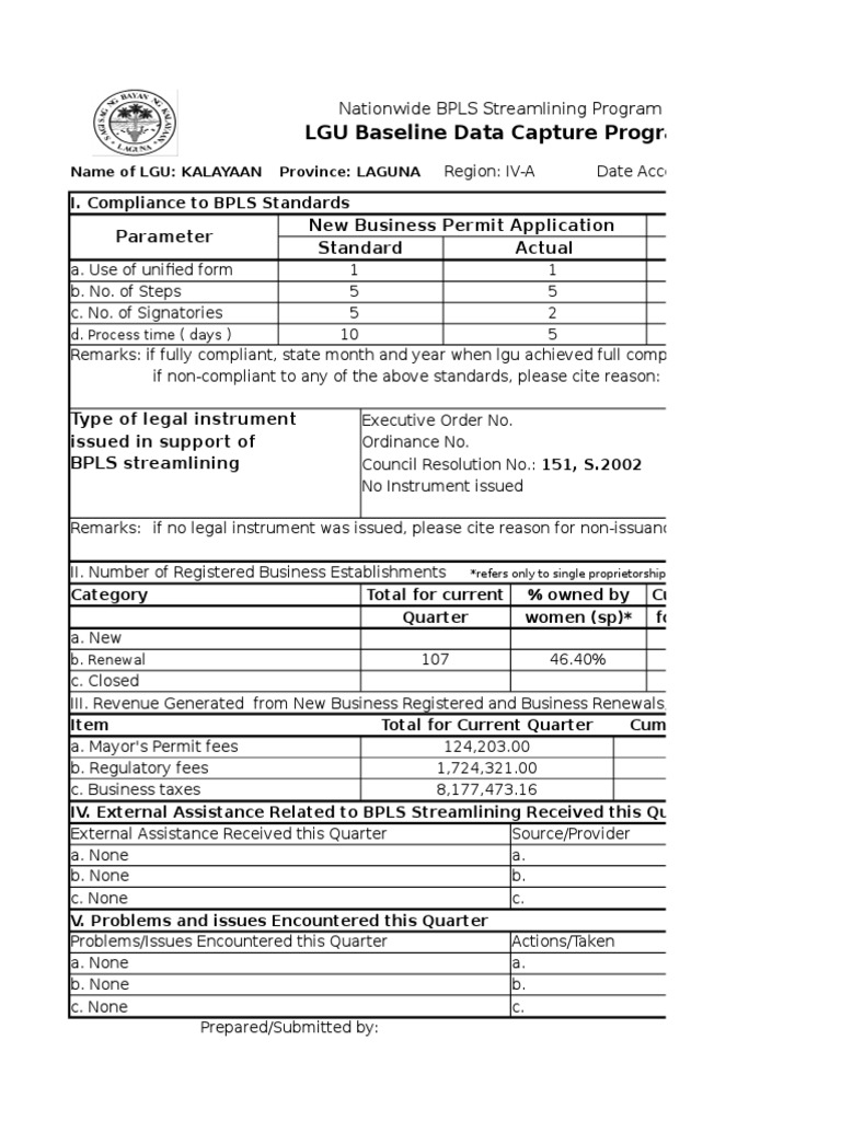 BPLS M&E Form B-1 Baseline Data Capture Form | Government | Politics