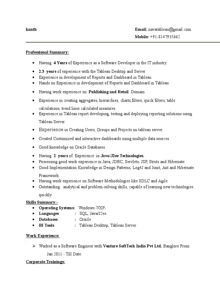 Tableau Developer Resume Overview | PDF | Oracle Database | Java ...