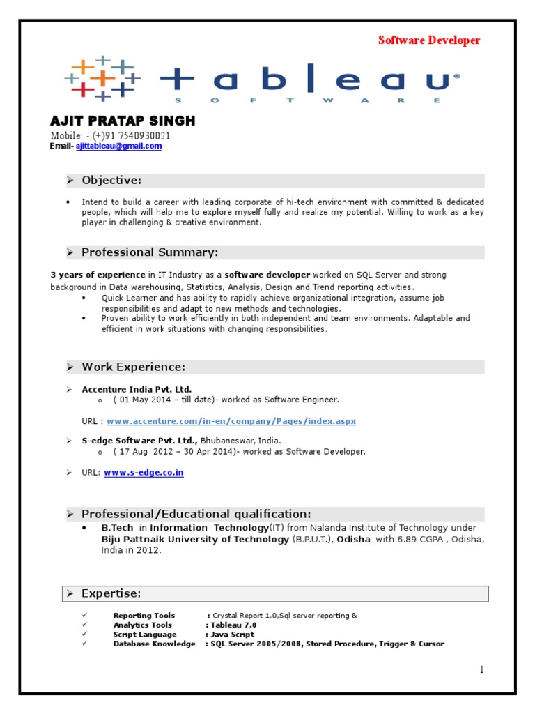 3+ Tableau Resume | PDF | Microsoft Sql Server | Databases