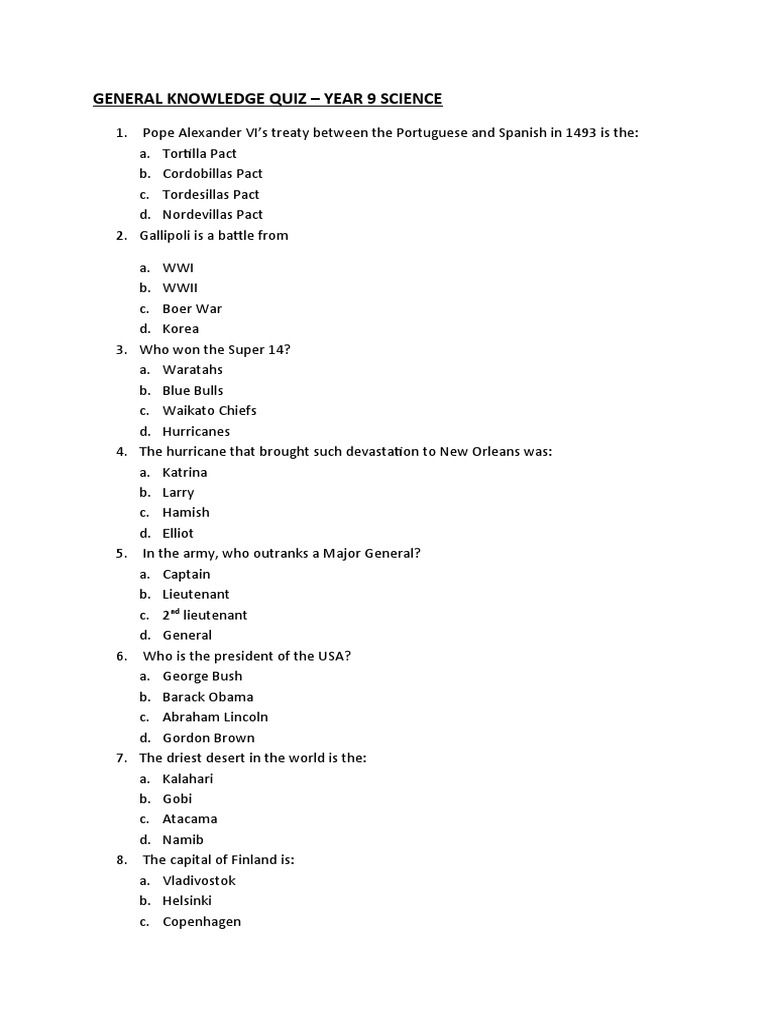 General Knowledge Quiz - Year 9 | PDF | Physical Geography | Sky