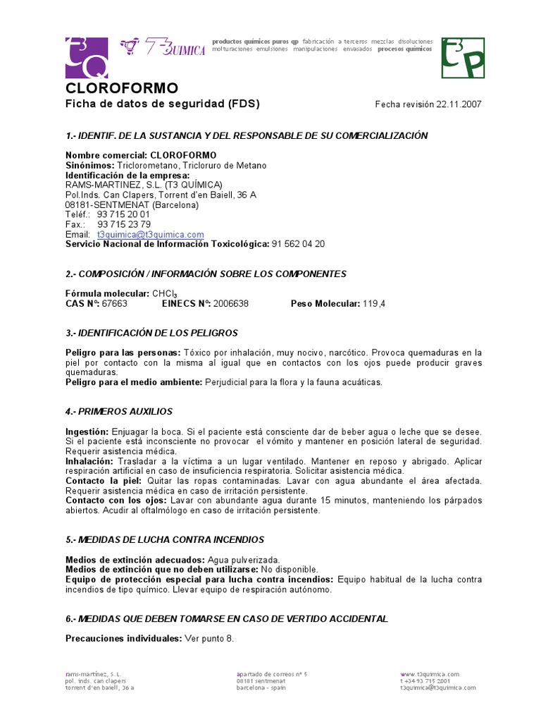 Ficha Tecnica Del Cloroformo | PDF | Cloroformo | Agua