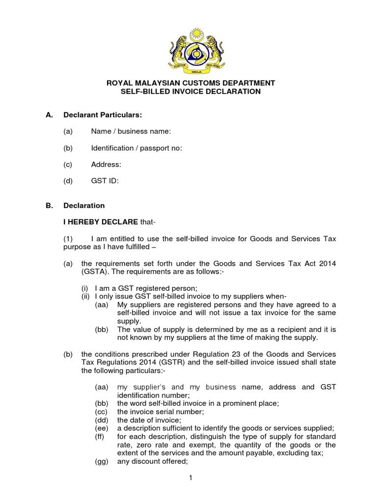 Self Billed Invoice Declaration Form | Invoice | Value Added Tax