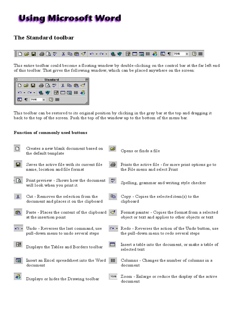 The Standard Toolbar: Function of Commonly Used Buttons | PDF | Double Click | Graphical User ...
