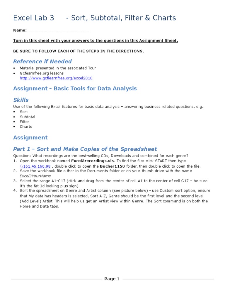 Excel Lab 3 - Sort Filter Subtotal | PDF | Tab (Gui) | Microsoft Excel
