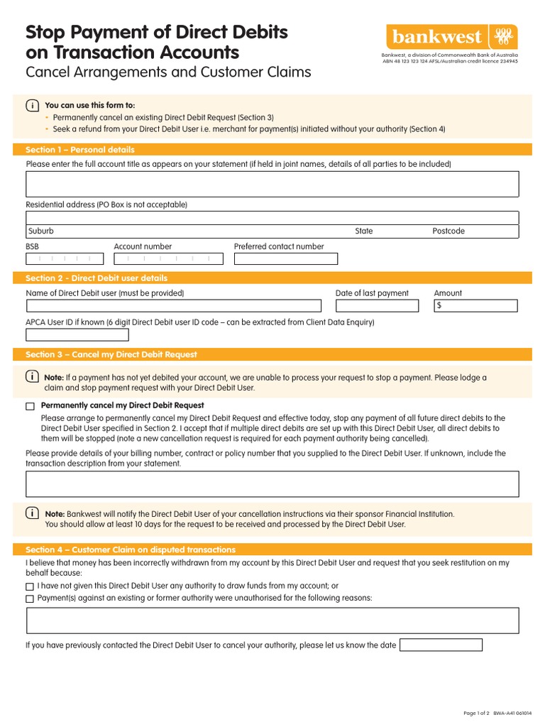 Stop Payment of Direct Debits Form | Debit Card | Service Industries ...