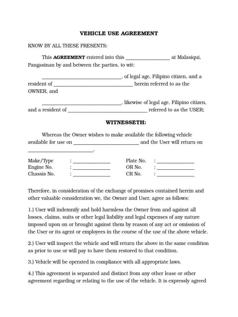 Vehicle Use Agreement | PDF