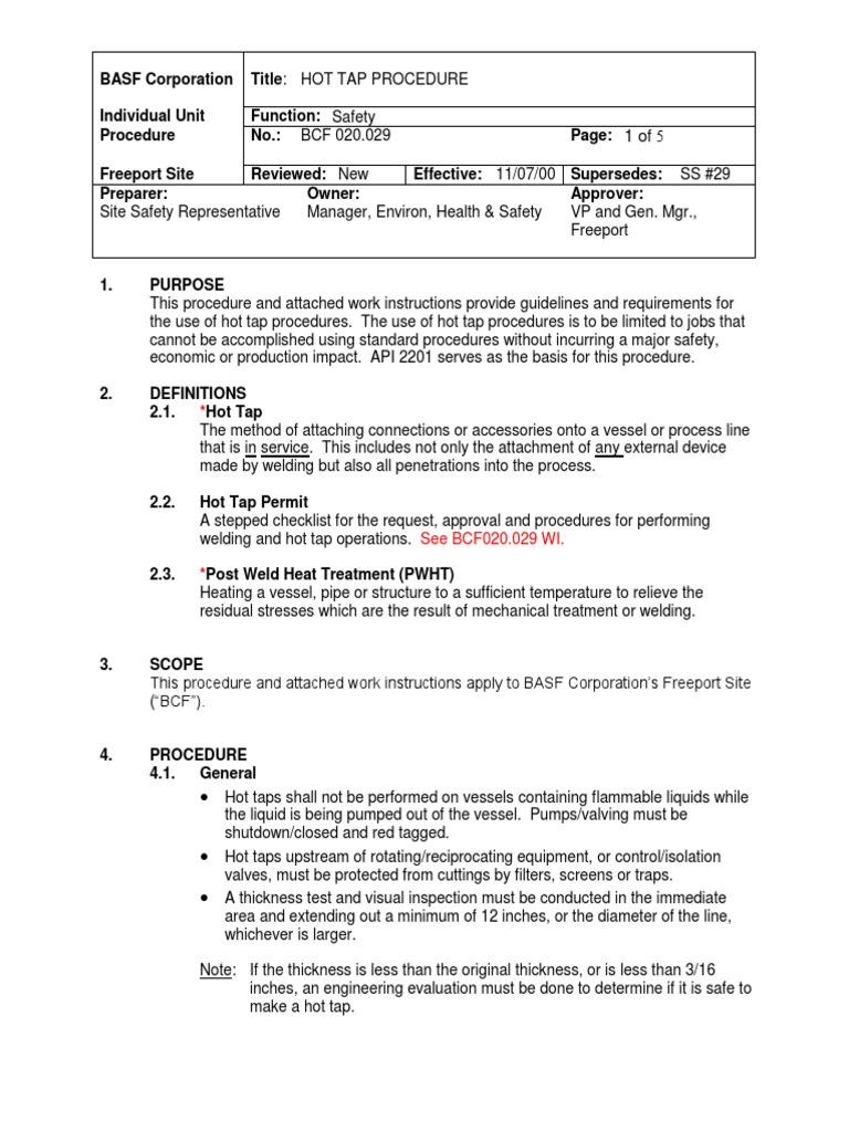 BASF Hot Tap Safety Procedure Guide | PDF | Tap (Valve) | Welding