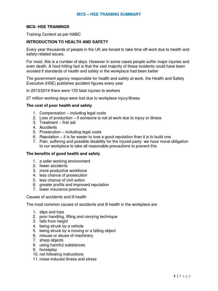 MCS - Training Notes As Per HABC Materials | PDF | Personal Protective ...