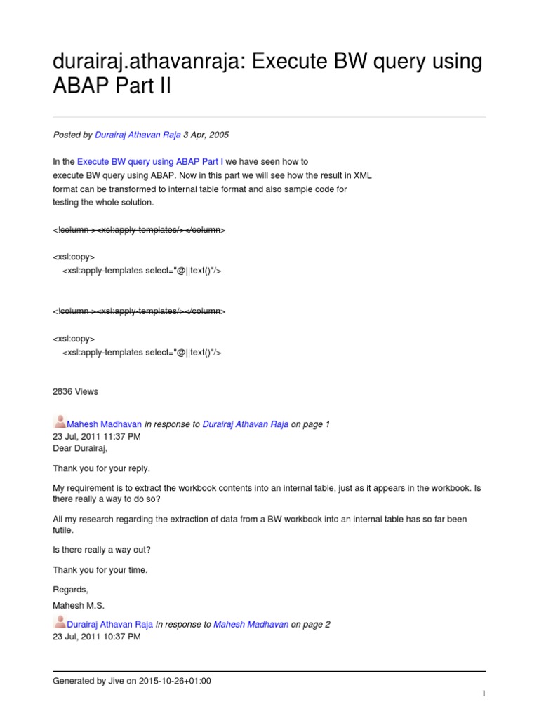 Execute Bw Query Using Abap Part Ii Download Free Pdf Xslt Computer Programming