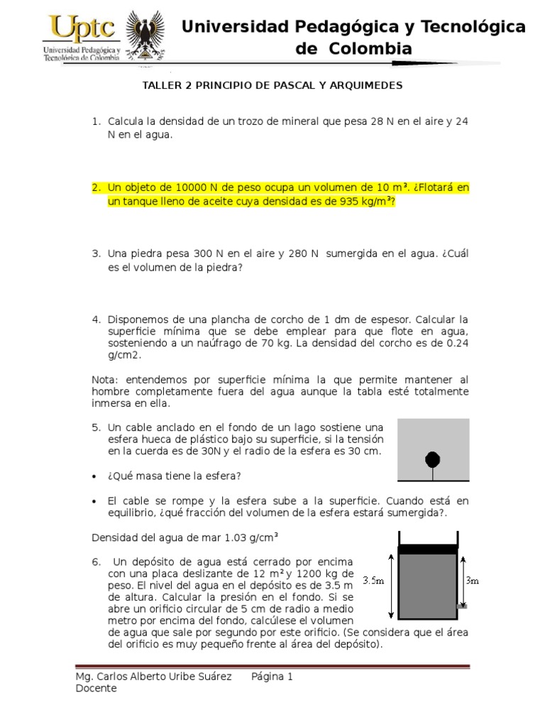 Taller Principio de Pascal y Arquimedes | PDF | Densidad | Presión