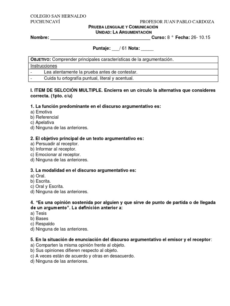 Prueba de Argumentación para 8° Básico | PDF | Argumento | Lingüística