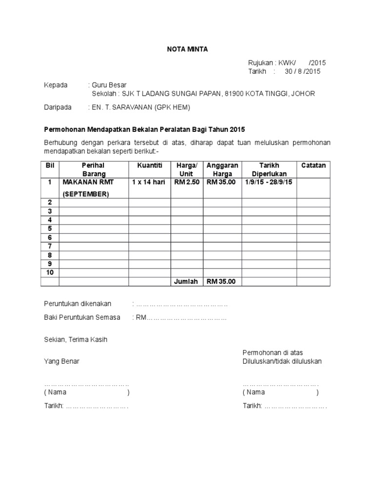 Nota Minta RMT - Contoh | PDF