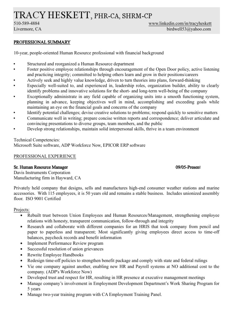 Senior Human Resources Manager in Pleasanton CA Resume Tracy Heskett ...