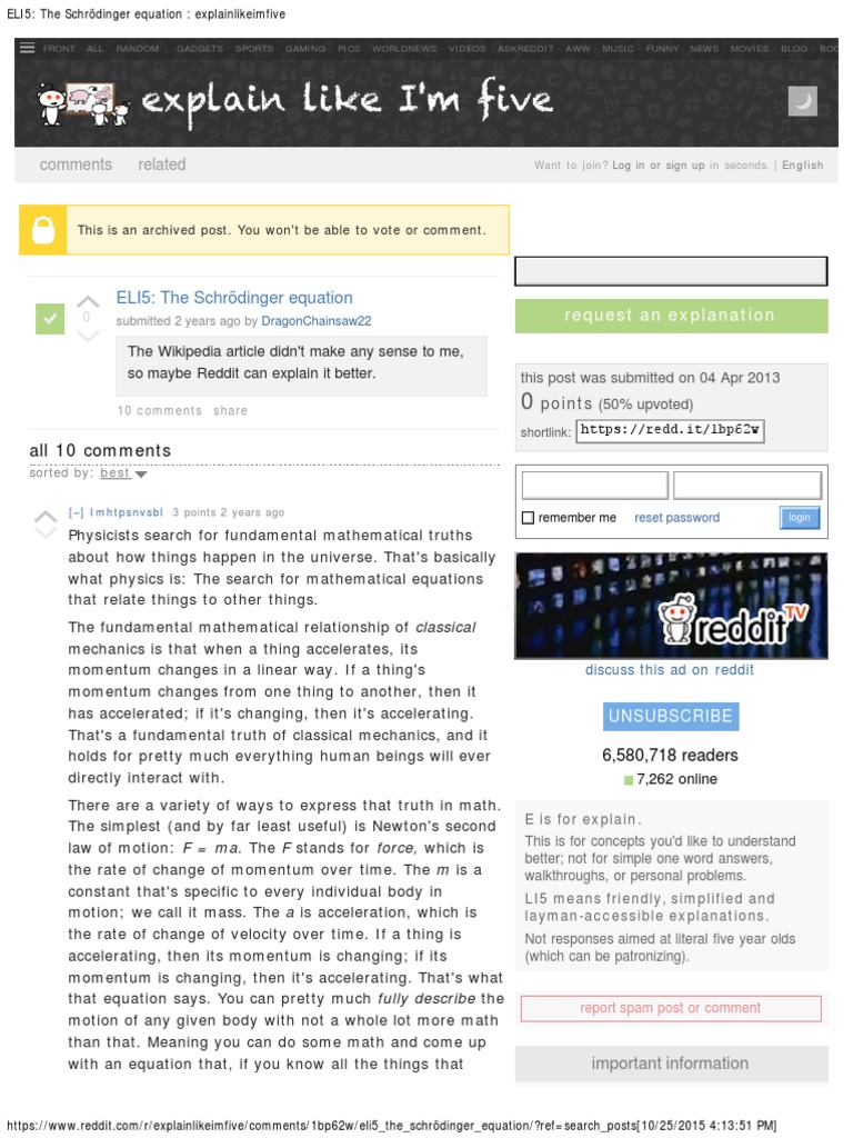 ELI5 - The Schrödinger Equation - Explainlikeimfive | PDF | Momentum | Wave Function