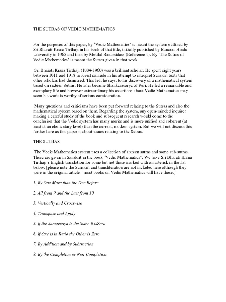 The Sutras of Vedic Mathematics | PDF