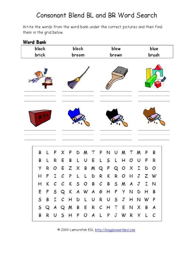 Consonant Blend BL and BR Word Search: Black Block Blow Blue Brick ...