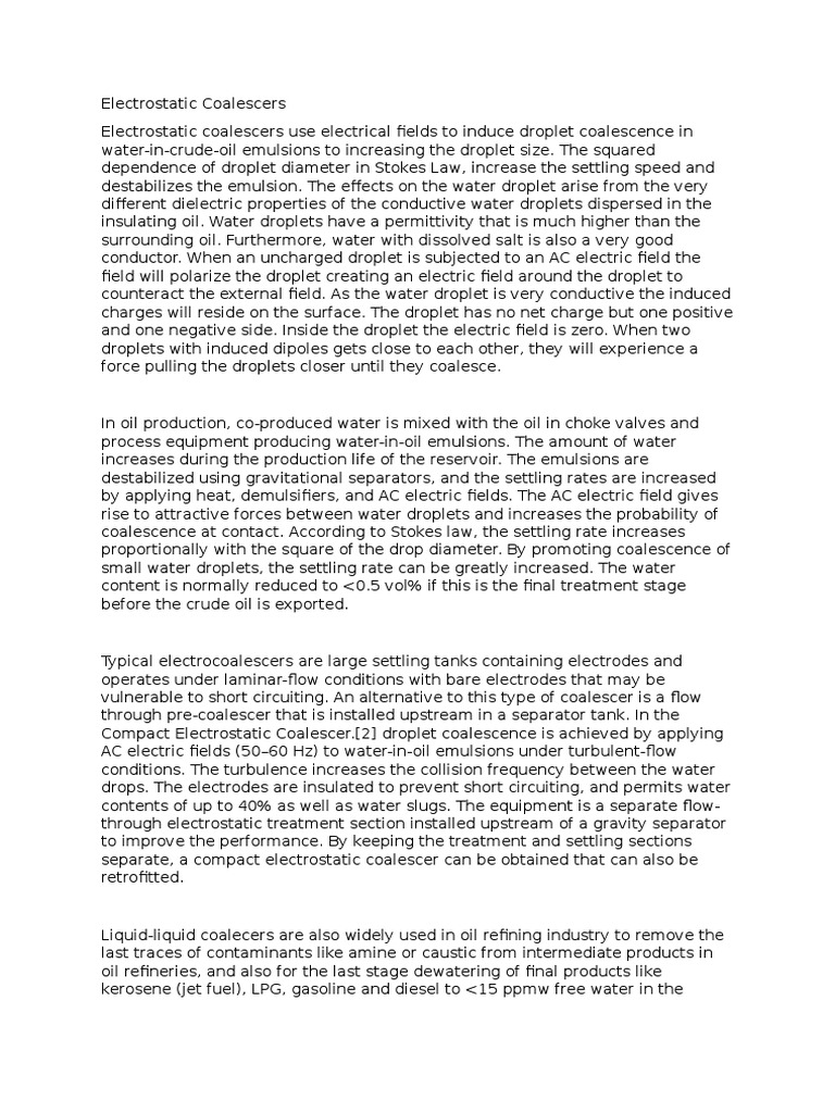 Electrostatic Coalescer (Laminar Flow) | PDF | Chemistry | Electromagnetism
