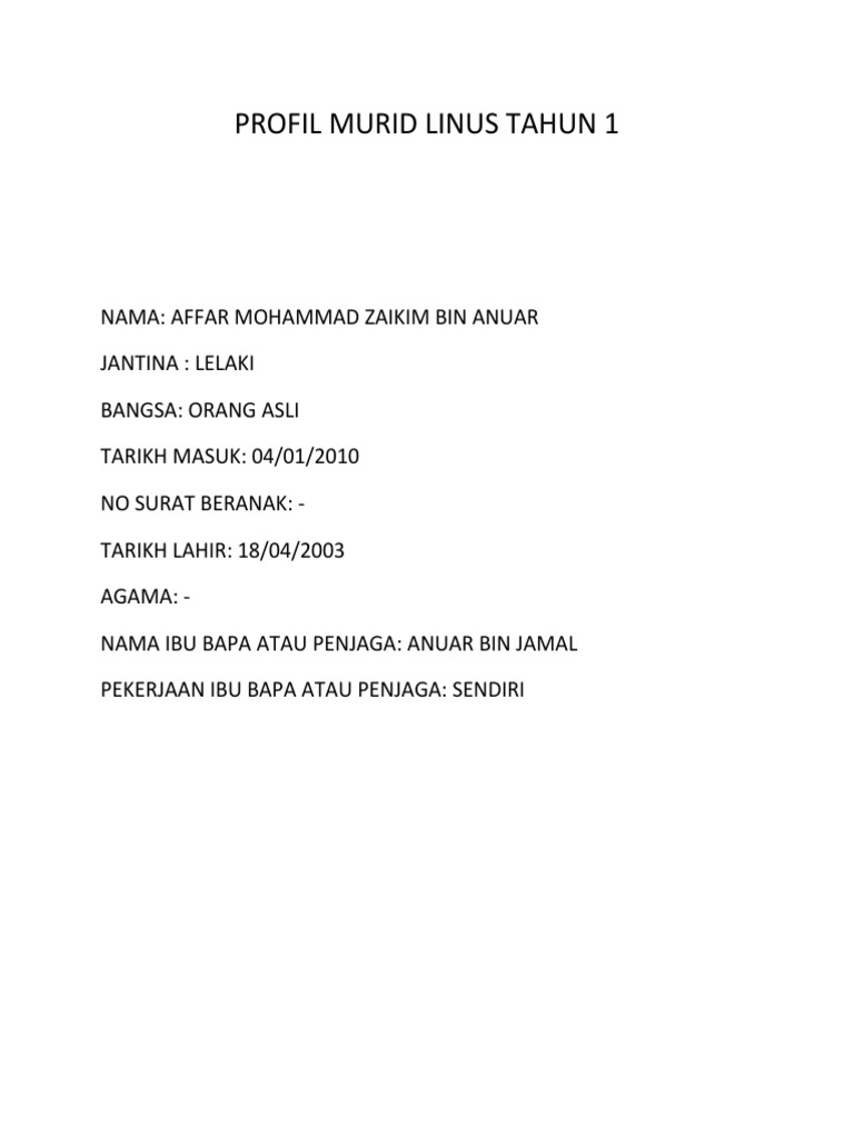 Profil Murid Linus Tahun 1 | PDF