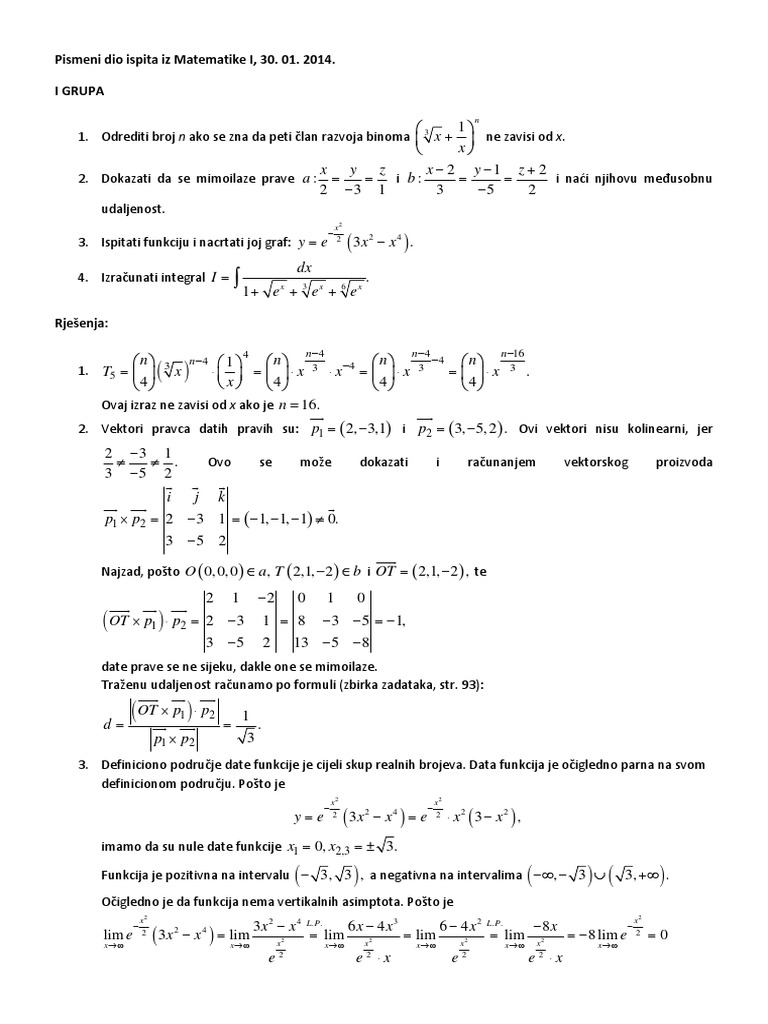 Zadaci I Rjesenja Sa Pismenog Ispita Iz Matematike I Januar 2014 | PDF