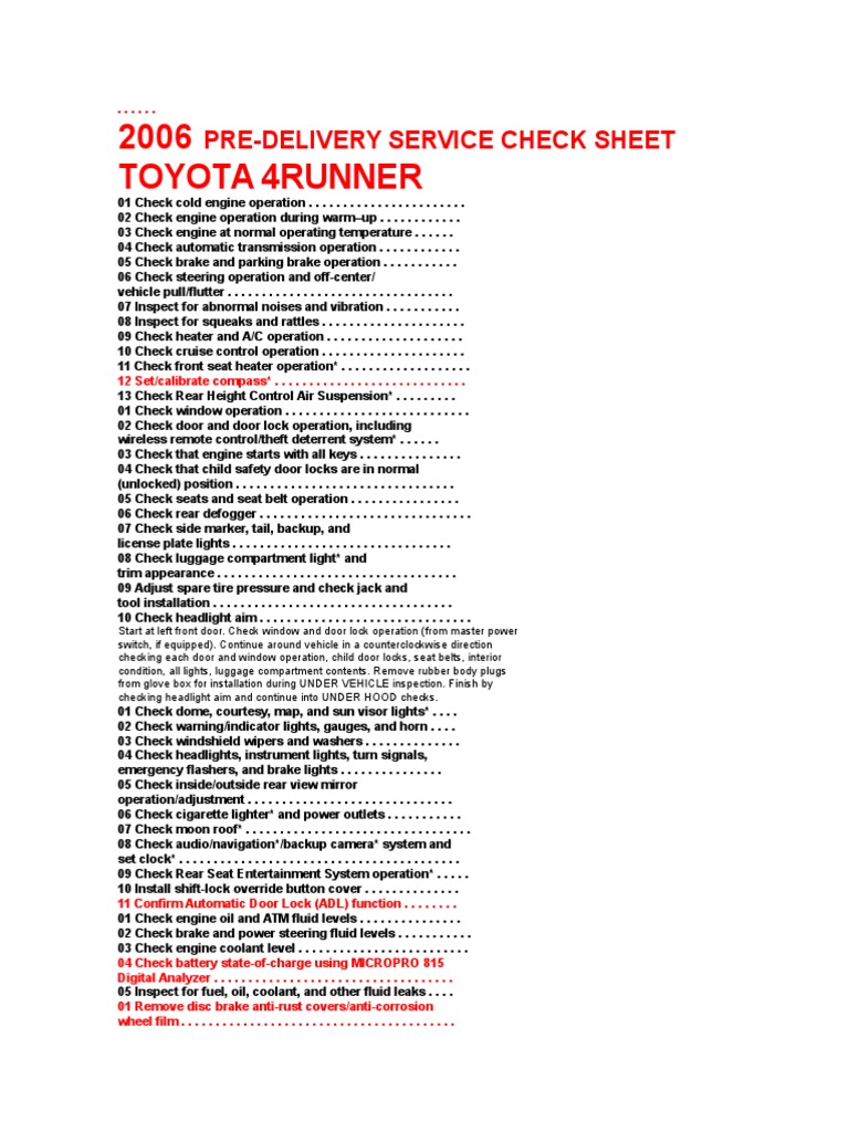 2006 Toyota 4runner: Pre-Delivery Service Check Sheet | PDF | Vehicle ...