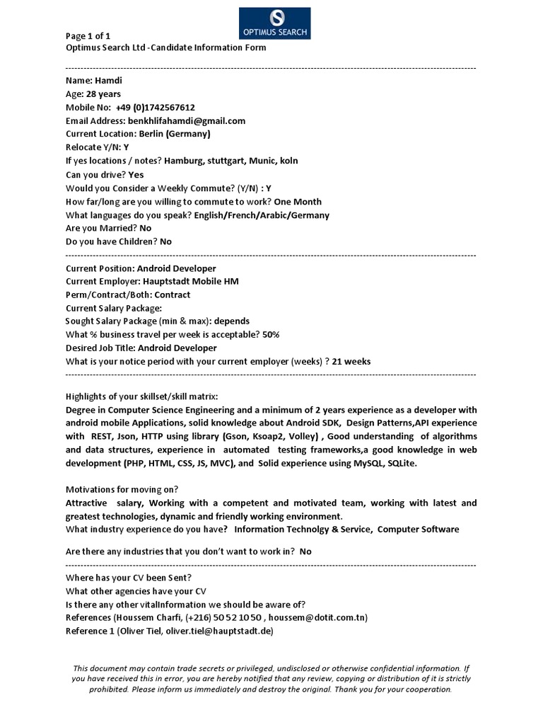 Optimus Search LTD - Candidate Information Form | PDF