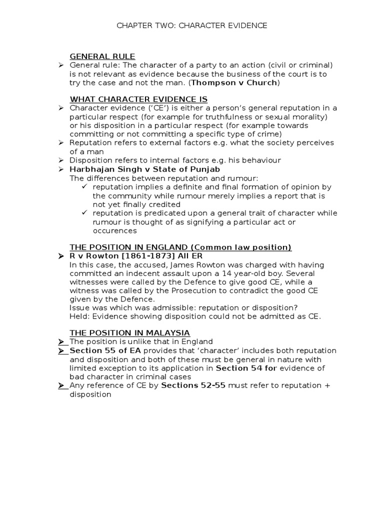 Chapter Two - Character Evidence | PDF | Cross Examination | Evidence