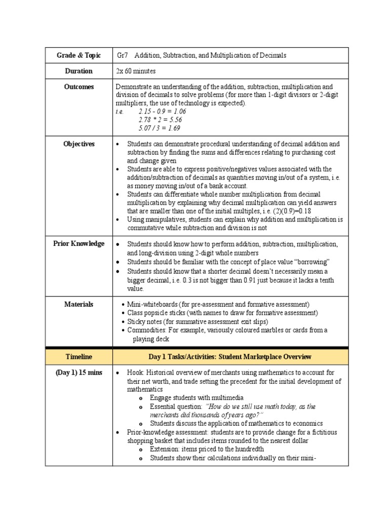 Lesson Plan Addition Subtraction And Multiplication Of Decimals PDF 