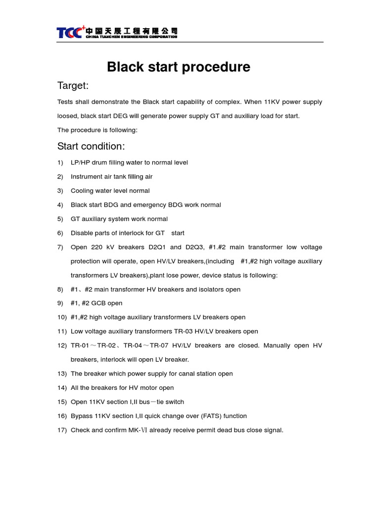 Black Start Procedure | PDF | Transformer | Valve