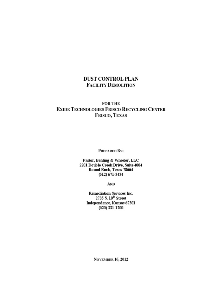 1819 Exide Dust Control Plan 11162012 | PDF | Dust | Toxicity