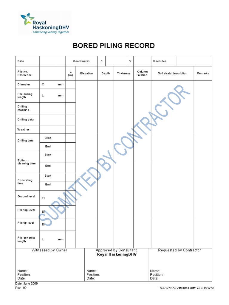 TEC-00-43-A3 Inspection Form of Bored Piling Record | PDF