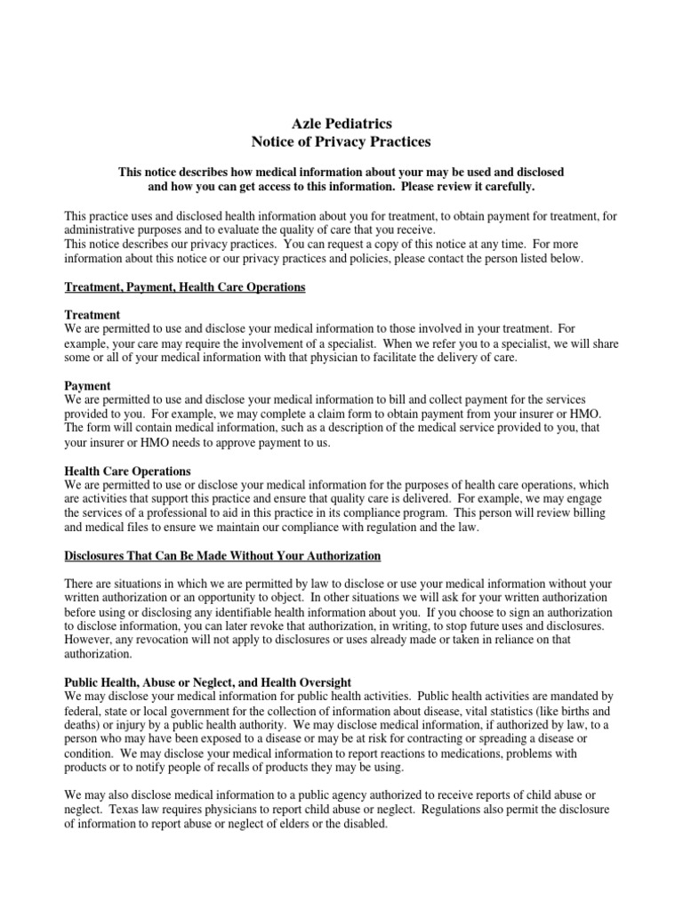 Azle Pediatrics Notice of Privacy Practices | PDF | Health Insurance ...