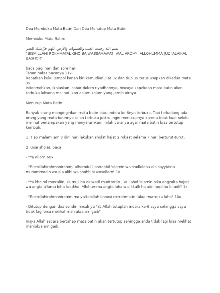 Doa Membuka Mata Batin Dan Doa Menutup Mata Batin | PDF