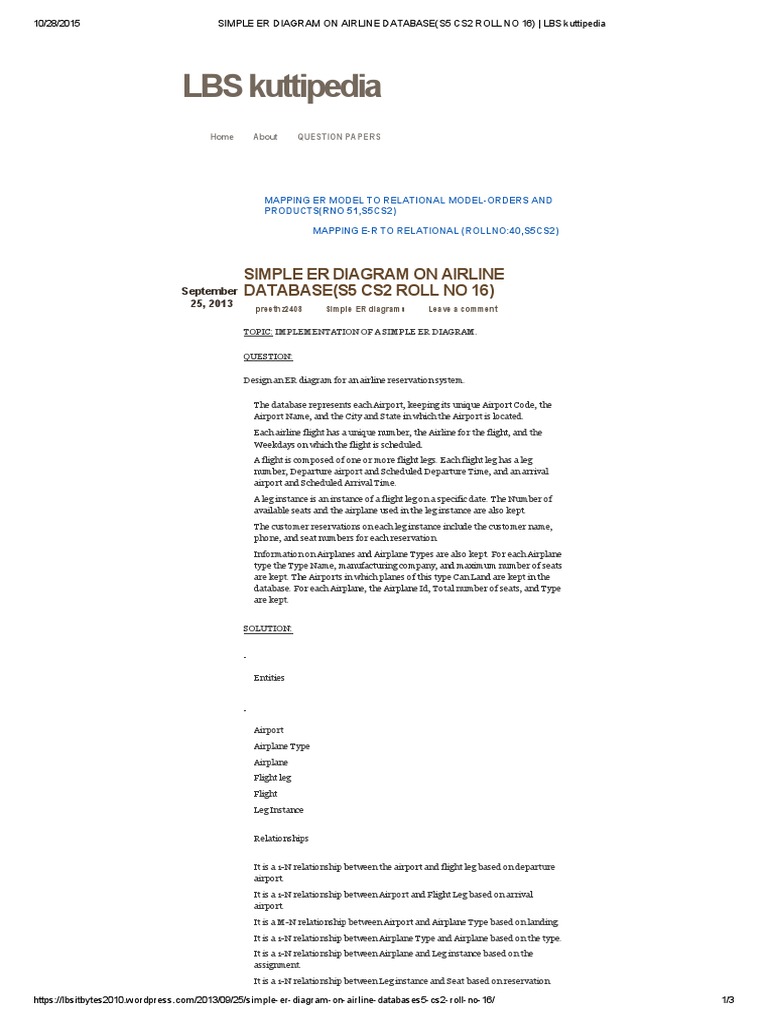 Simple Er Diagram On Airline Database (s5 Cs2 Roll No 16) - Lbs ...