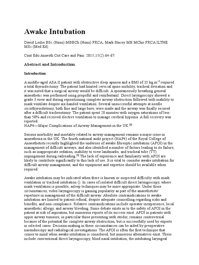 Awake Intubation: Abstract and Introduction | PDF | Anesthesia | Midazolam