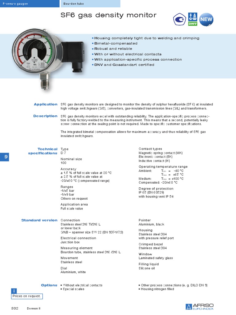 Sf6 Gas Density Monitor | PDF | Pressure Measurement | Materials