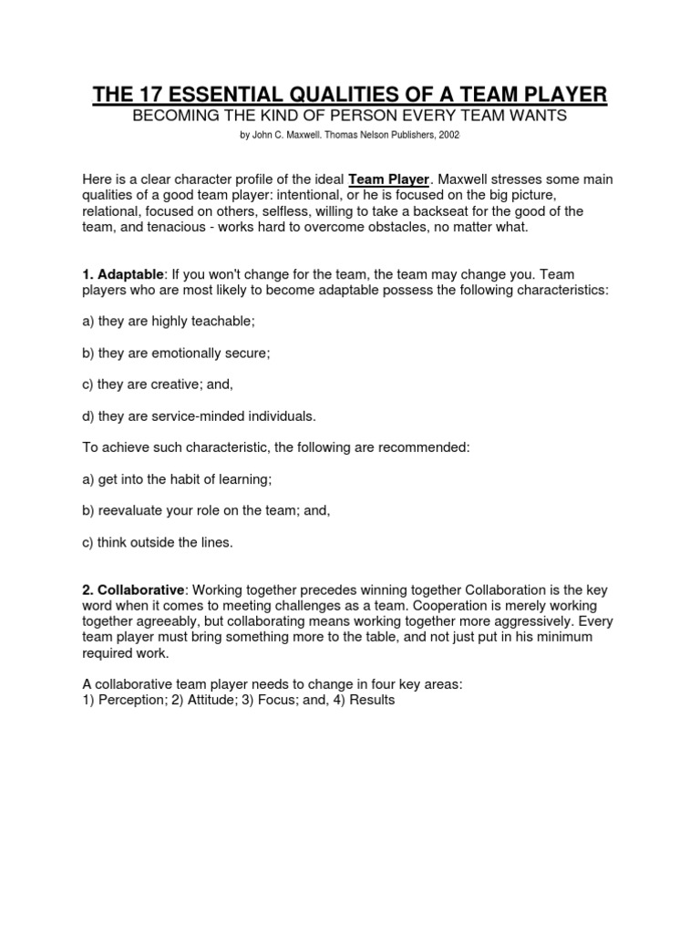 The 17 Essential Qualities of A Team Player | PDF | Motivation ...