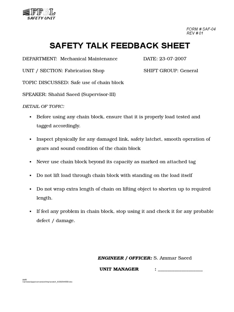 Chain Block Safety Guidelines Sheet | PDF