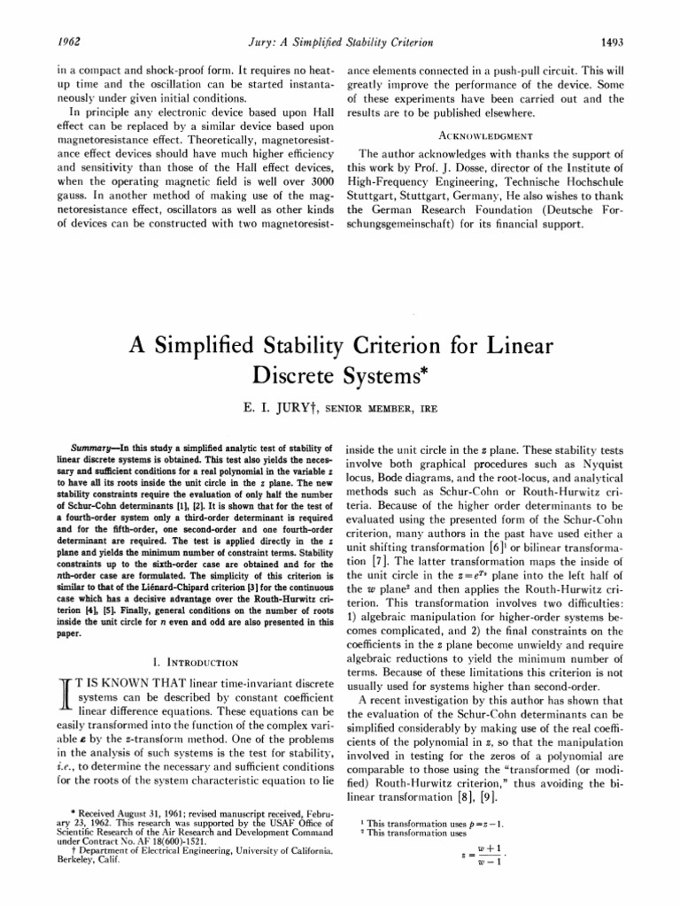 Simplified Stability Criterion Linear Discrete Systems : Greatly Improve | PDF | Determinant ...