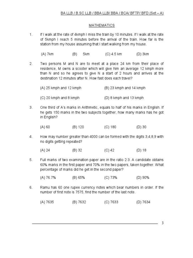 KIITEE Sample Papers-8 (Mathematics Question Paper-LLB BBA BCA BFD BFTP ...