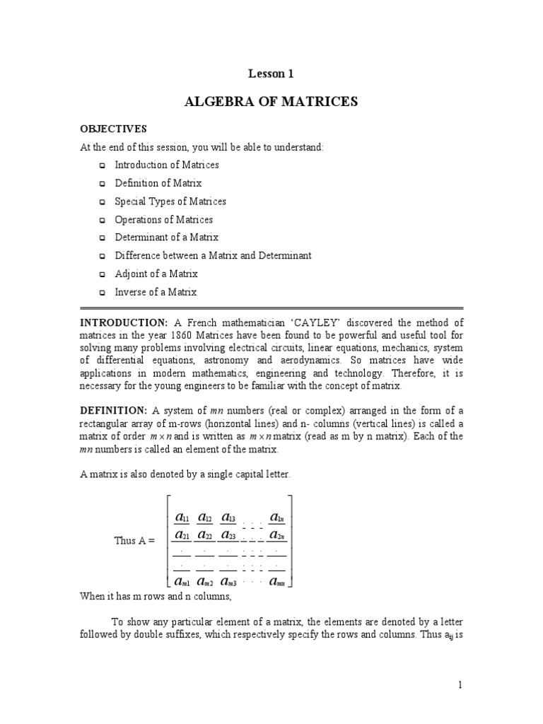 Algebra of Matrix | PDF | Matrix (Mathematics) | Determinant