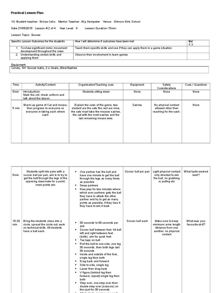 Soccer Lesson Plan for Year 9 | PDF | Association Football | Lesson Plan