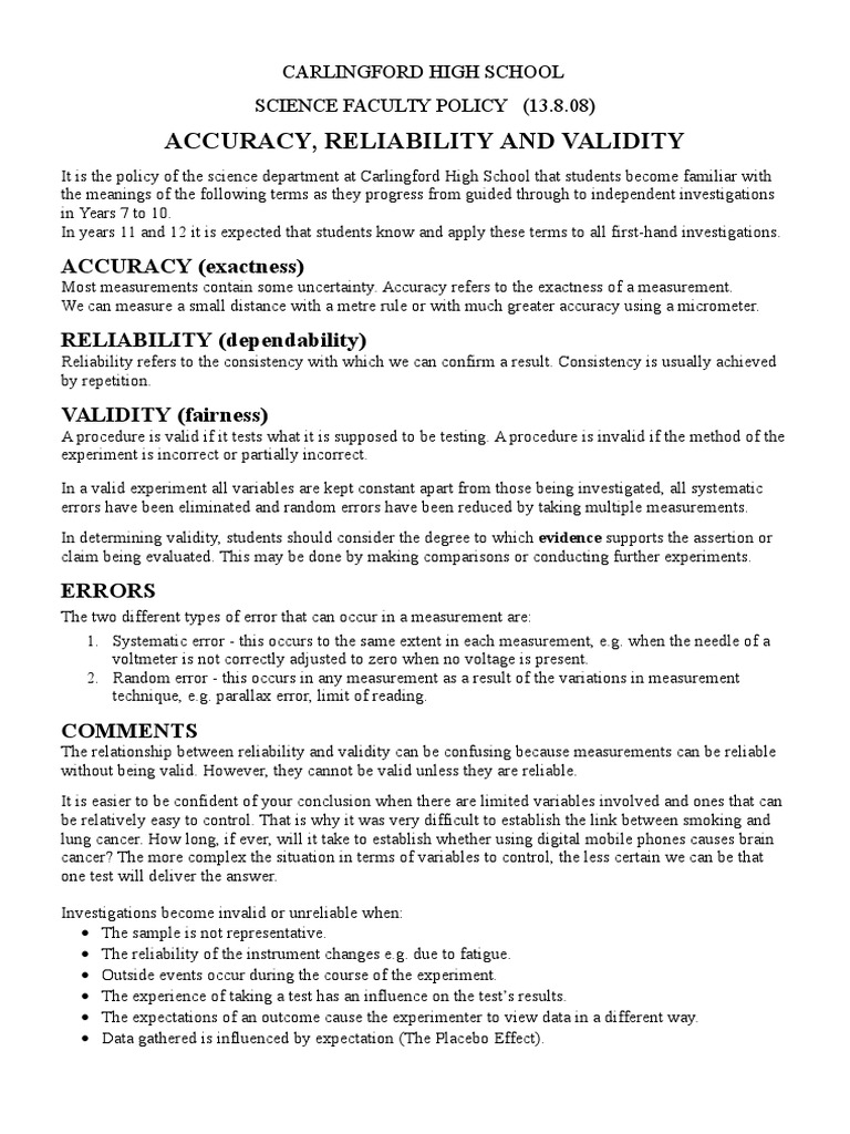 Carlingford High Science Policy: Accuracy, Reliability, Validity | PDF ...