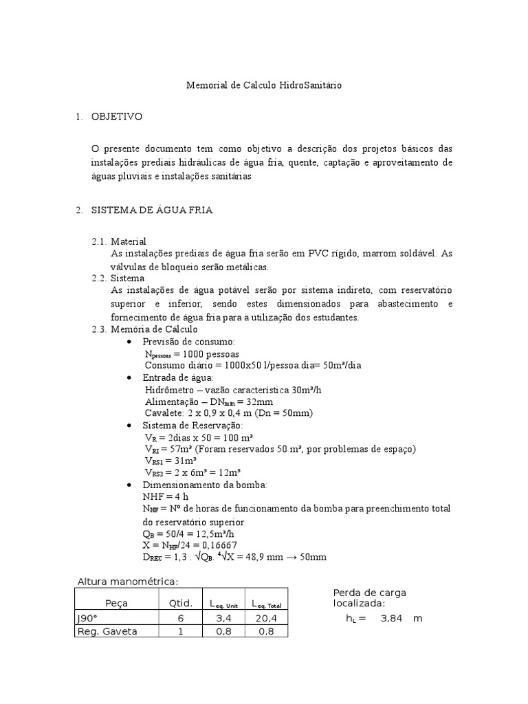 Memorial de Cálculo Hidro-Sanitário | PDF | Hidrologia | Água