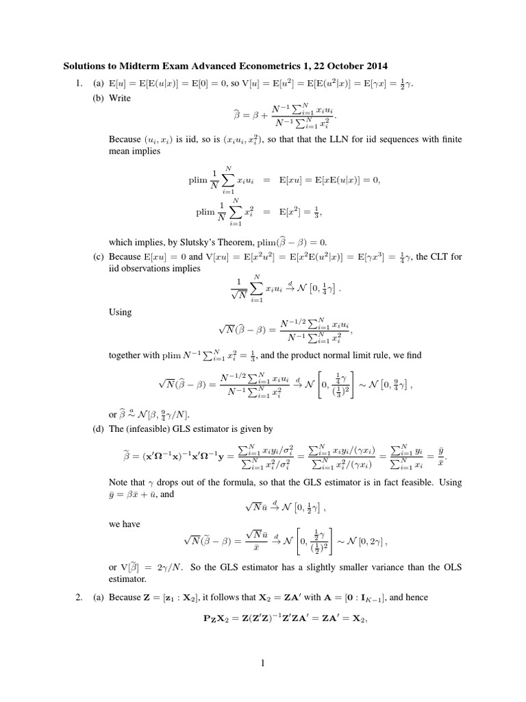 Solutions Advanced Econometrics 1 Midterm 2014 | PDF | Statistical Theory | Mathematical Analysis